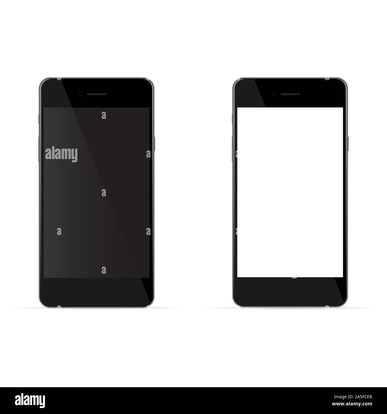 Realistic black phones with white and black screen, isolated on white ...