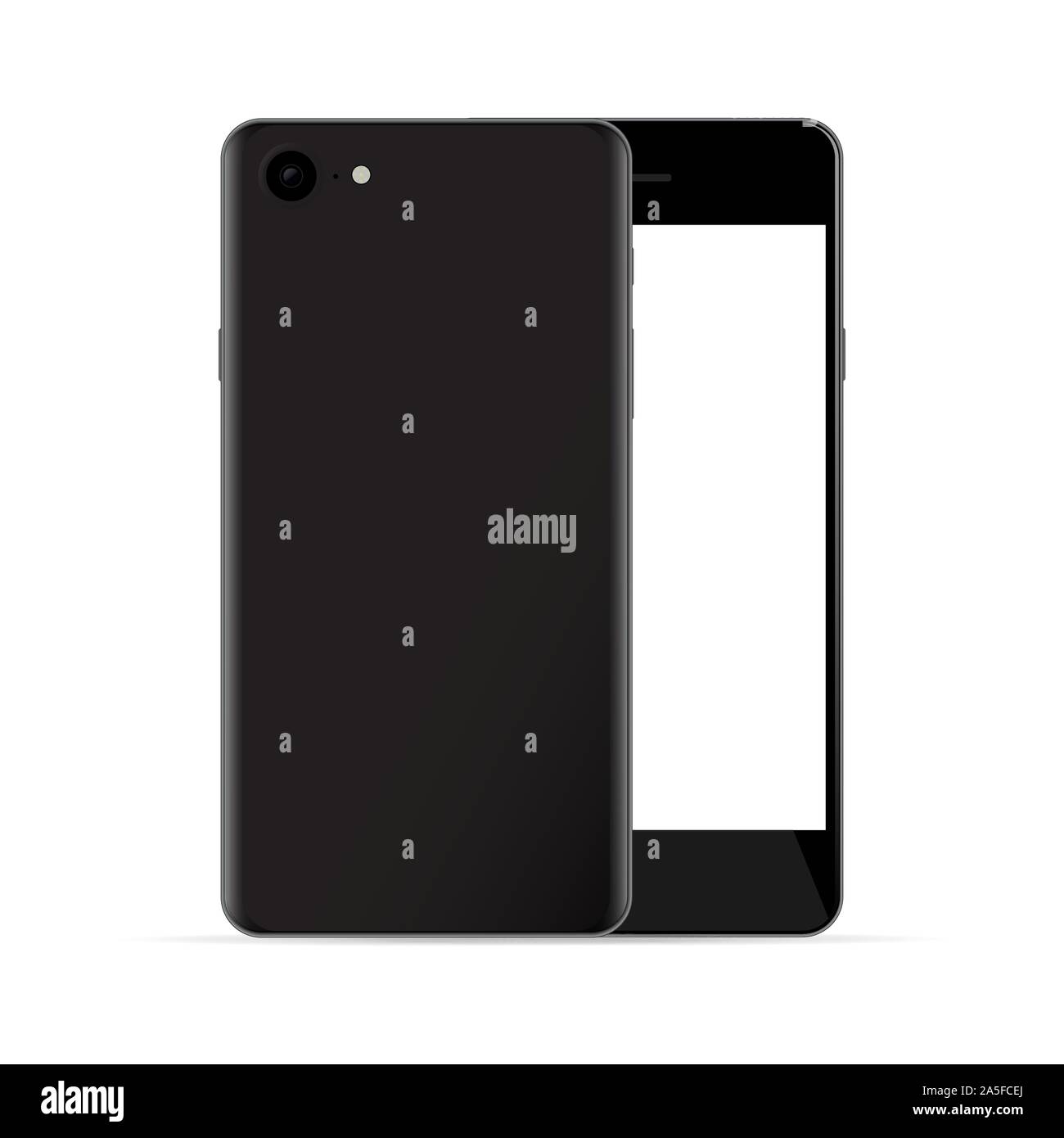 Realistic black phones with white screen, front and back view, isolated ...