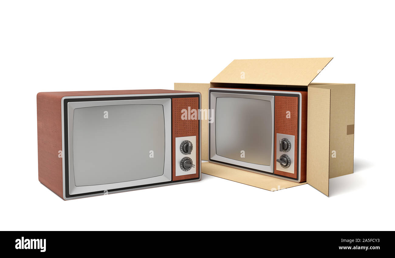 3d rendering of retro TV set in carton box Stock Photo - Alamy