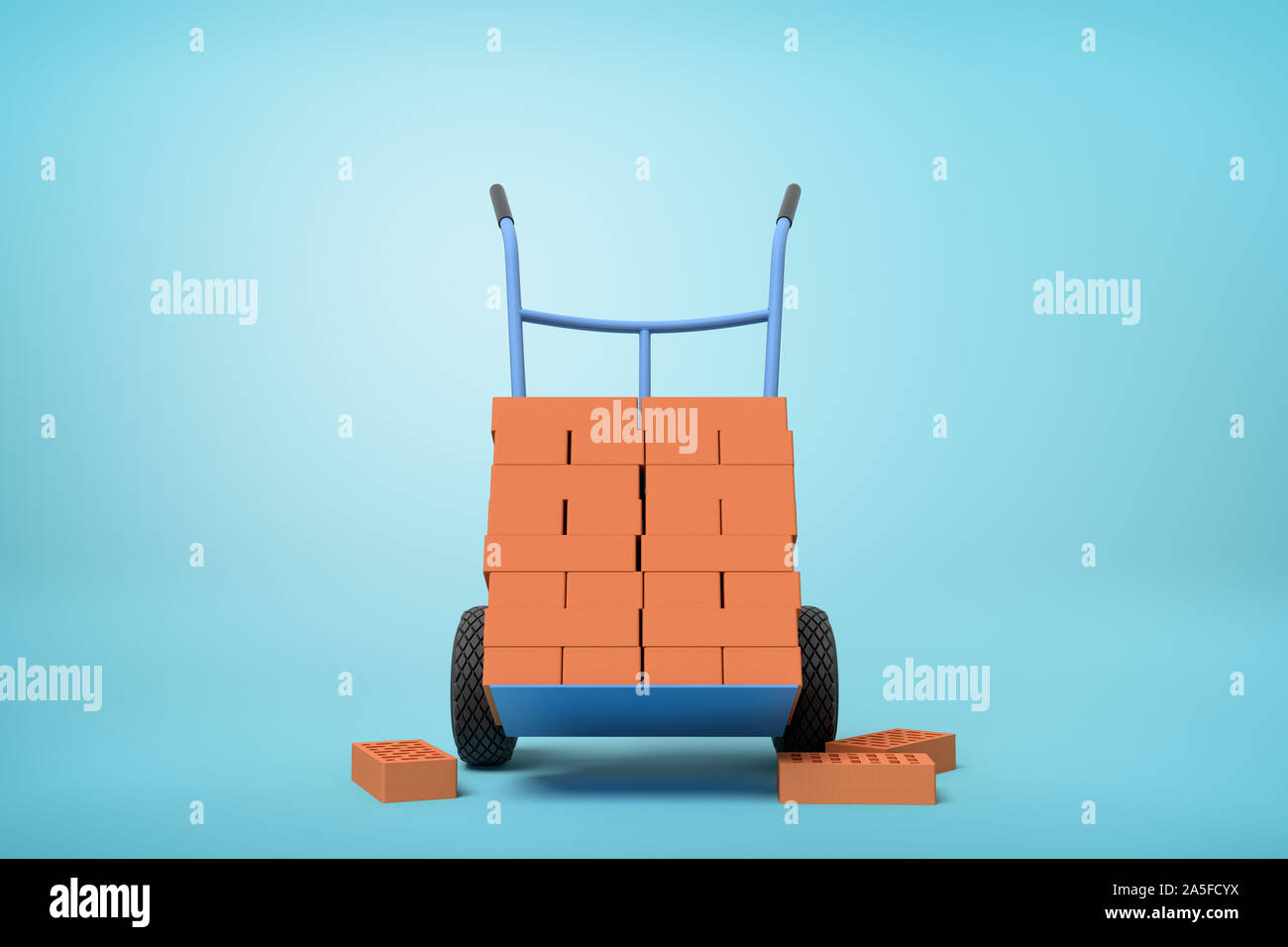3d rendering of stack of red perforated bricks on blue hand truck with ...