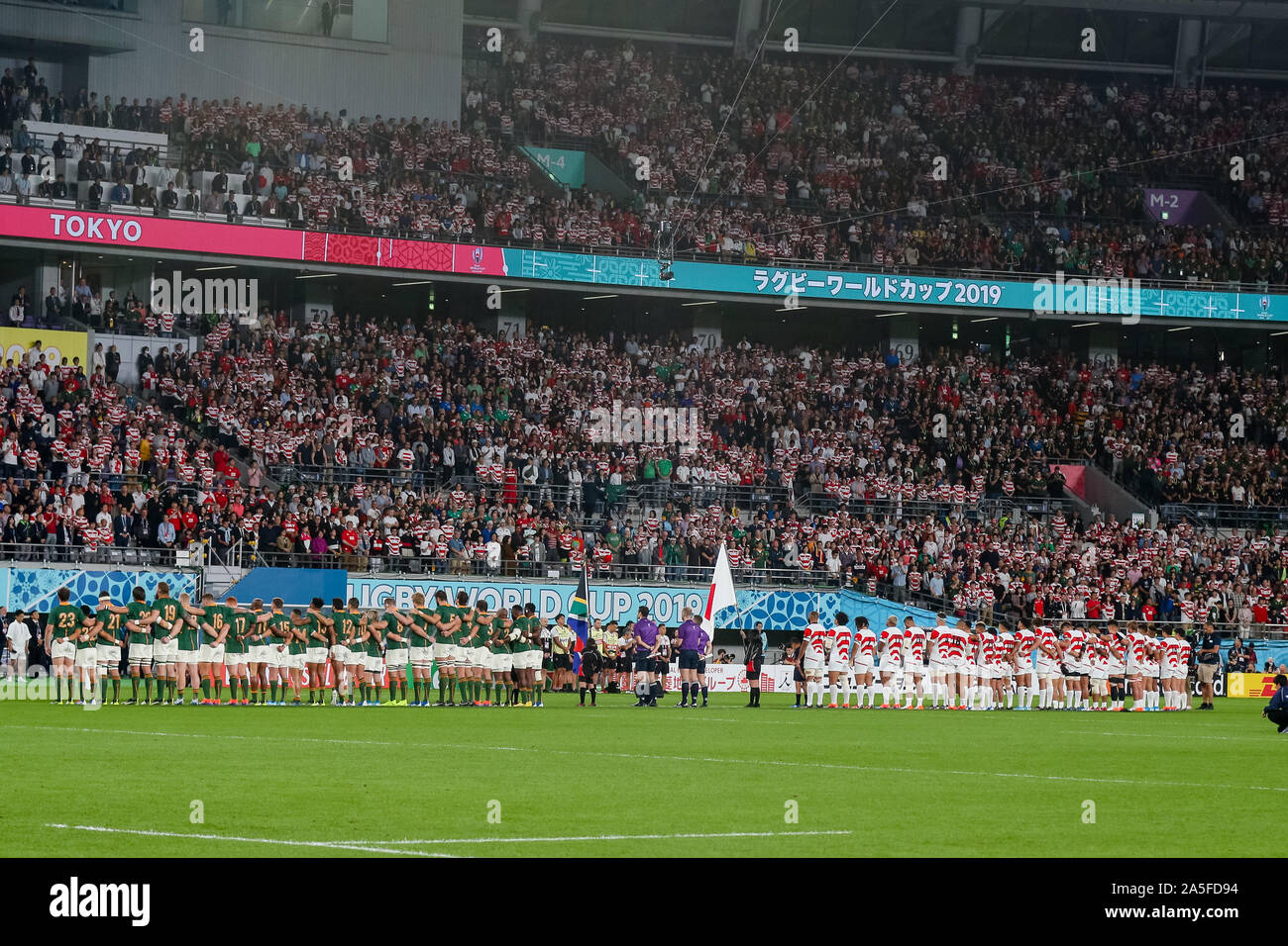 Tokyo, Japan. 20th Oct 2019. Japan and South Africa players line up for ...