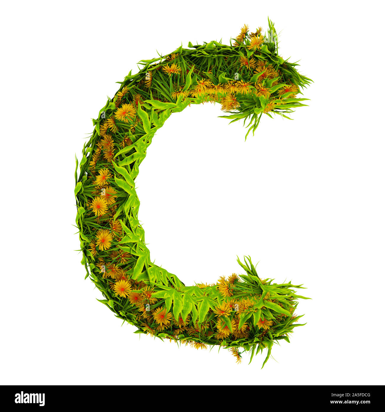Letter C made of flowers and grass isolated on white. 3d illustration ...