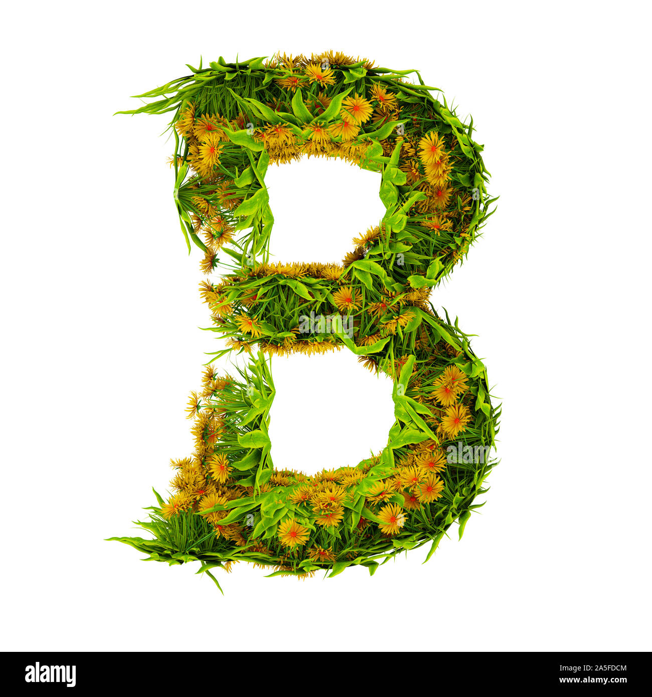 Letter B made of flowers and grass isolated on white. 3d illustration ...