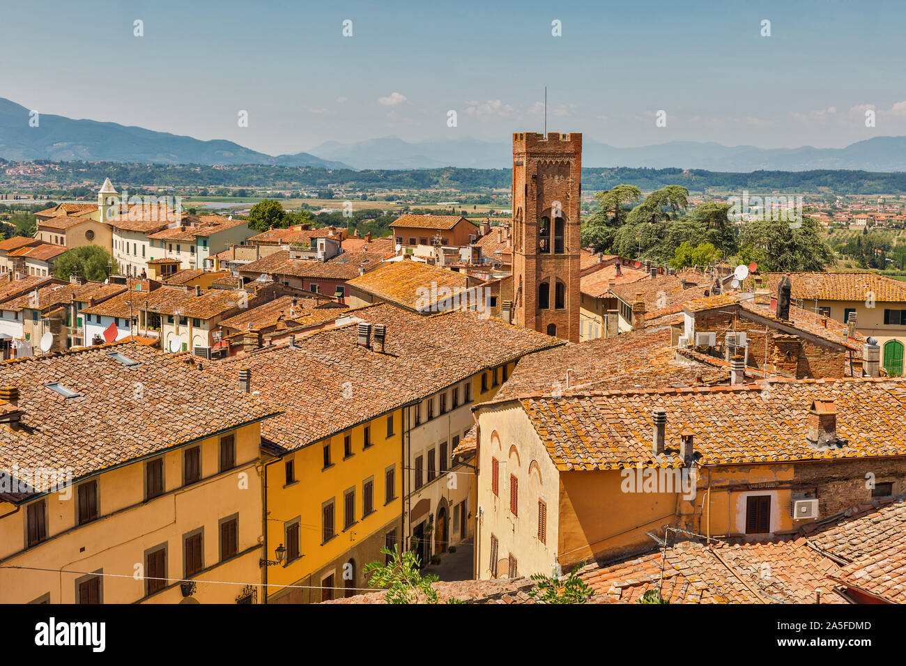 View over Montopoli town with Campanaria medieval tower from castle ...