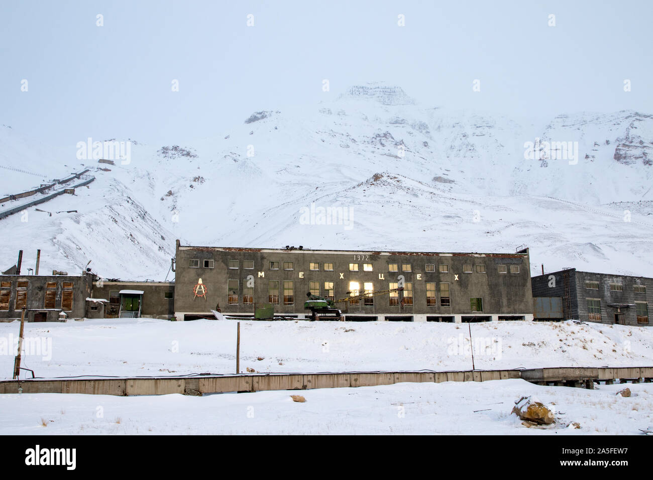 Pyramiden, Norway - August 2017: Old abandoned buildings in Pyramiden ...
