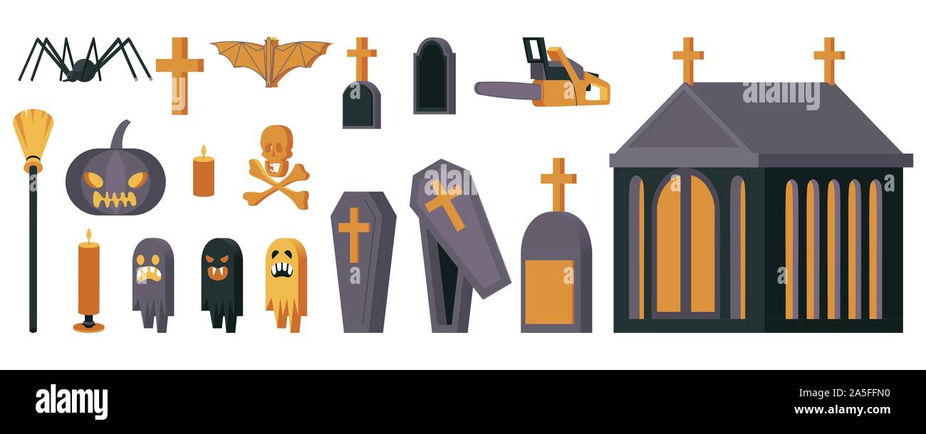 Horror symbols flat vector illustrations set. Scary items collection ...