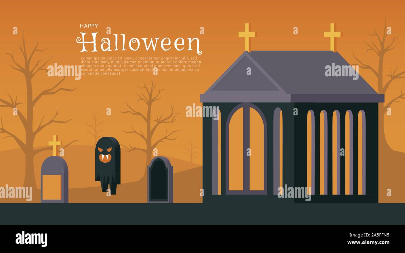 Happy halloween flat banner vector template. Traditional autumn holiday ...