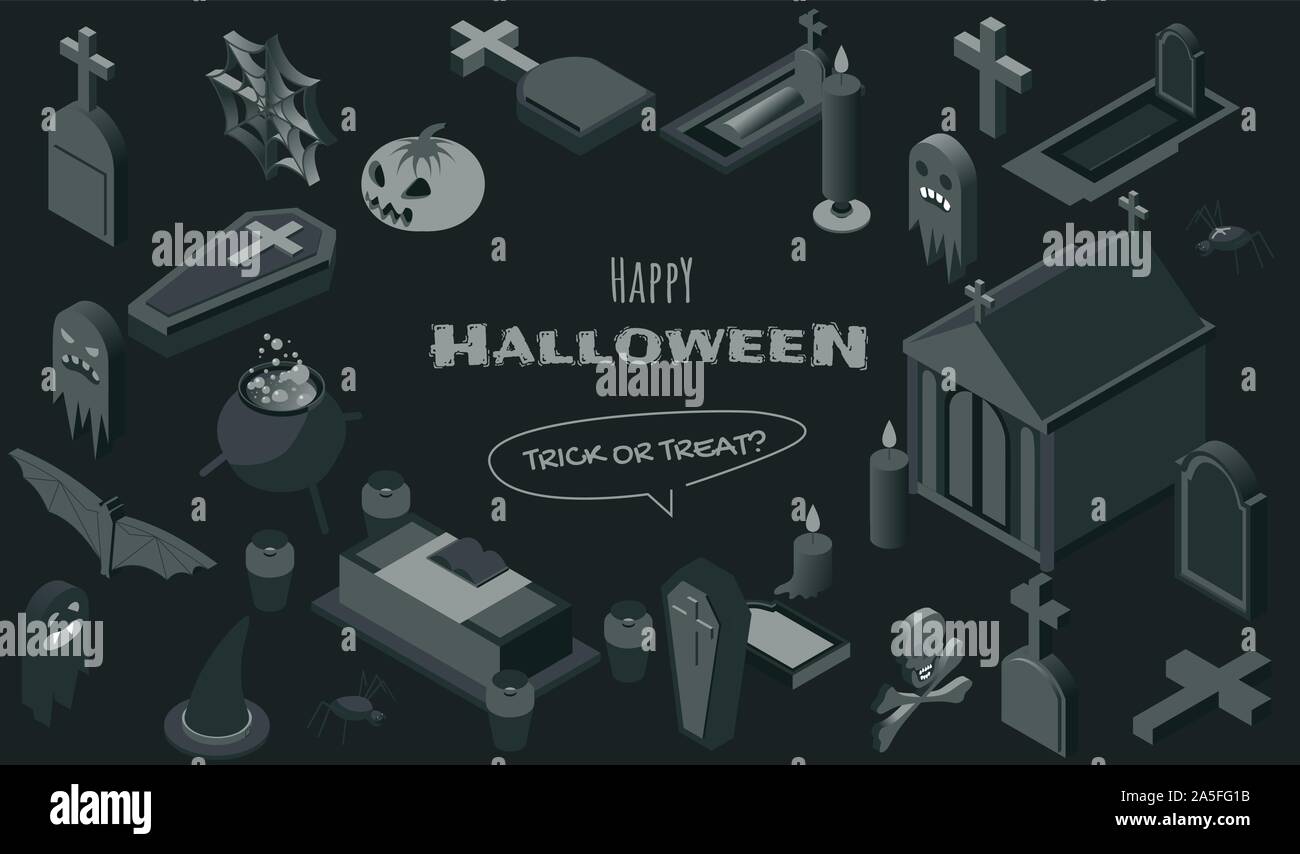 Halloween symbols isometric vector illustrations set. Haunted graveyard ...