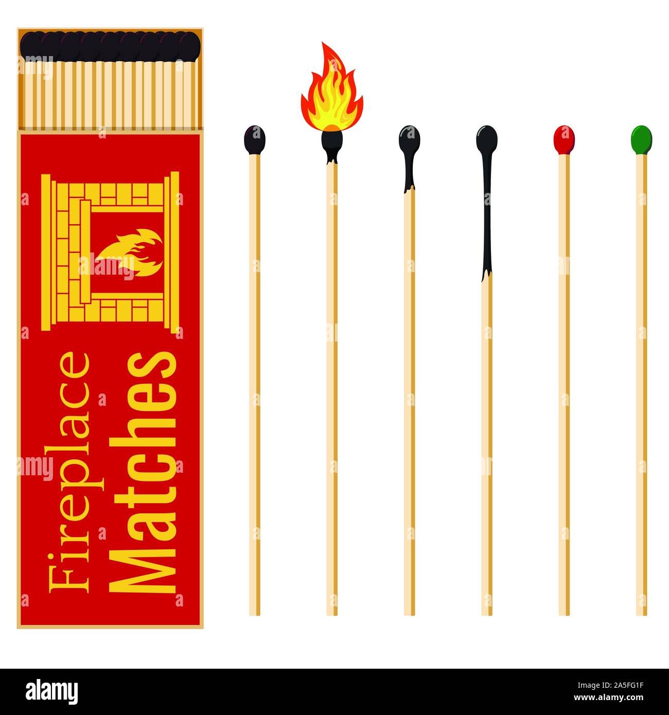 Long fireplace red matchbox and match sticks varying degrees of burning ...