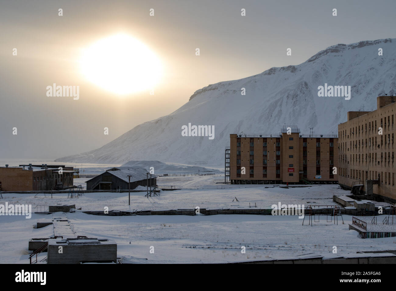 Pyramiden, Norway - August 2017: Hotel Tulpan and old buildings in ...