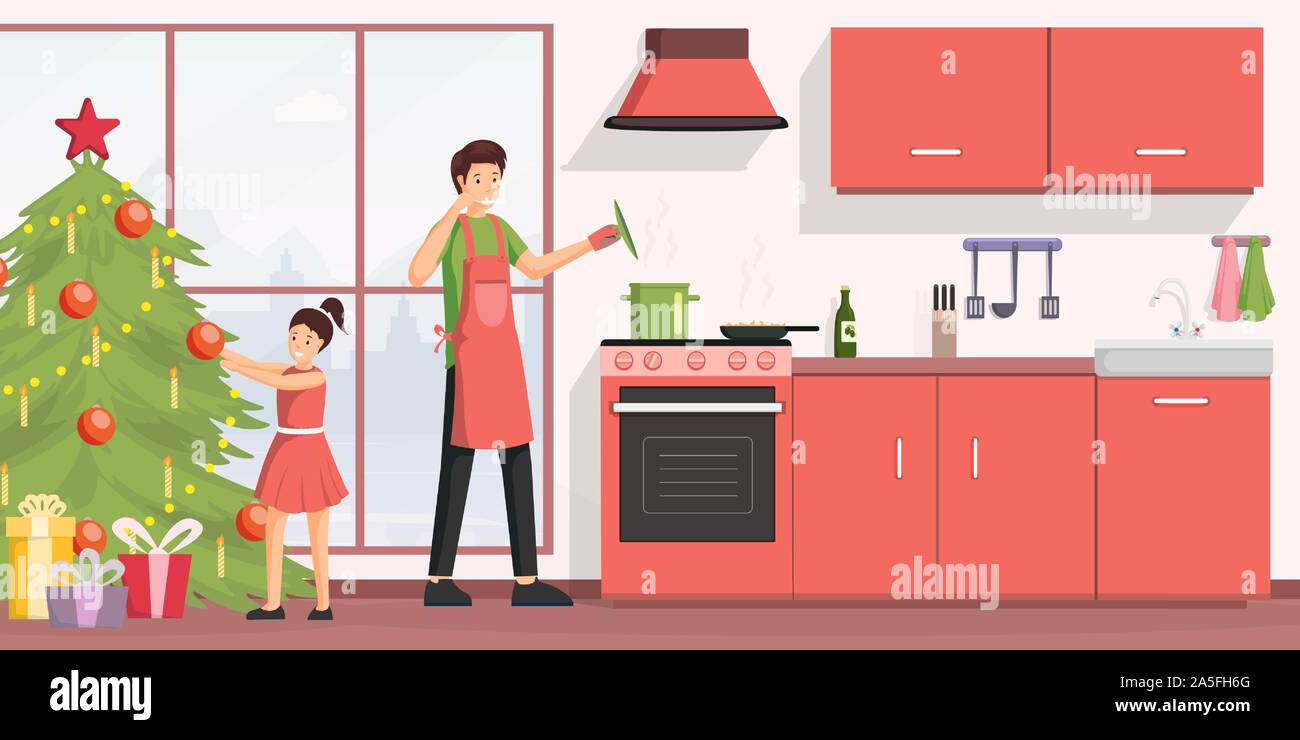 Christmas dinner cooking flat vector illustration. Young man in apron ...