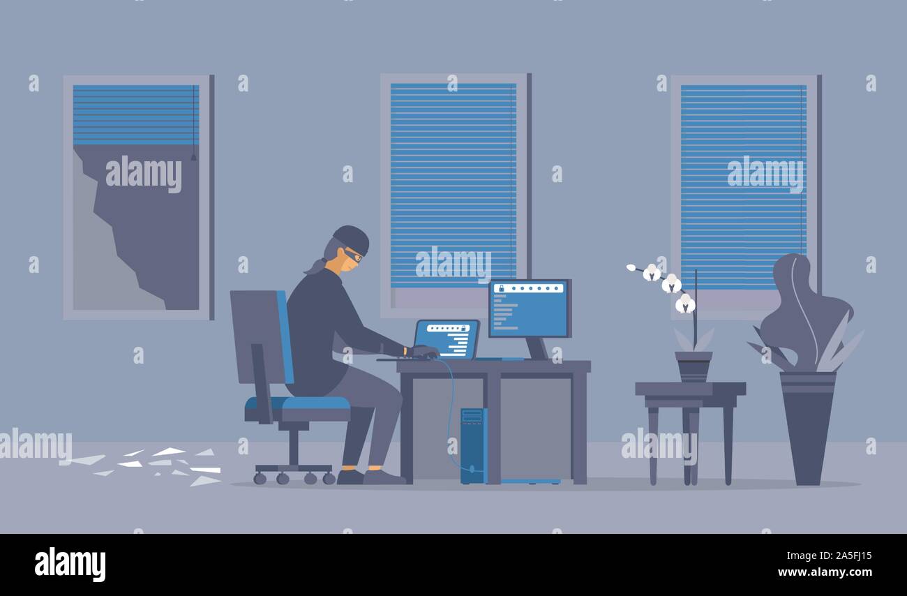 Hacker attack, cybercrime flat vector illustration. Criminal in mask ...