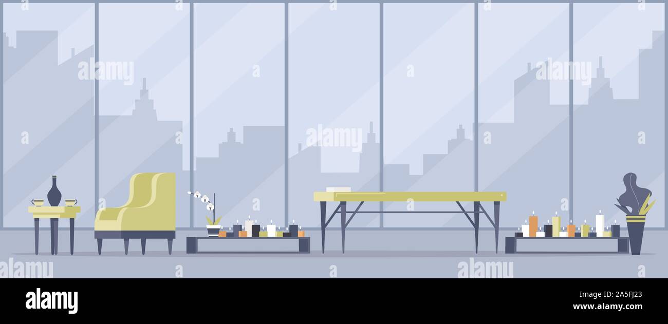 Empty massage room flat vector illustrations. Beauty parlor furnishing ...