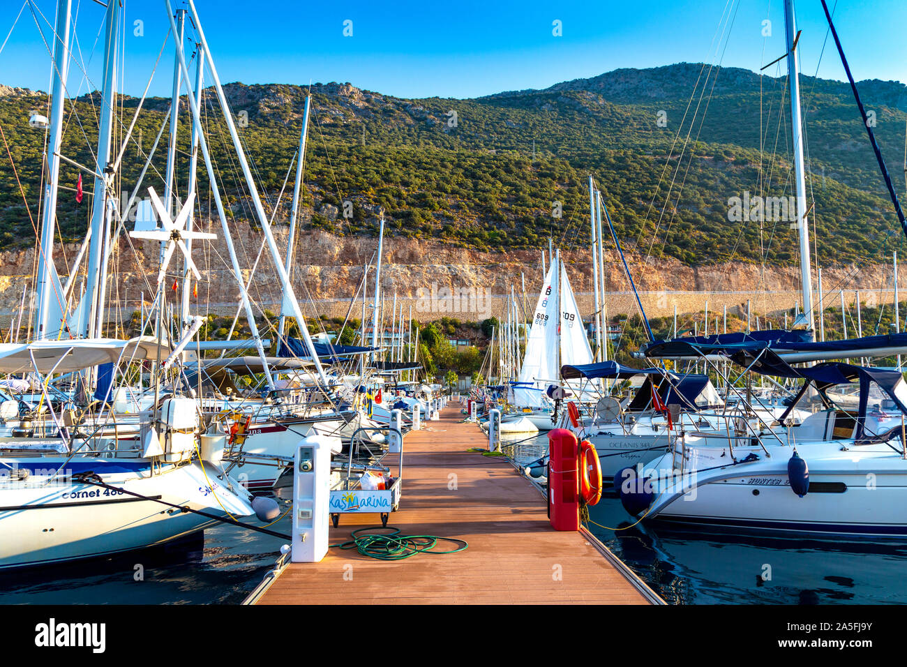 Sailboats mooring in the marina in Kas, Turkish Riviera, Turkey Stock ...