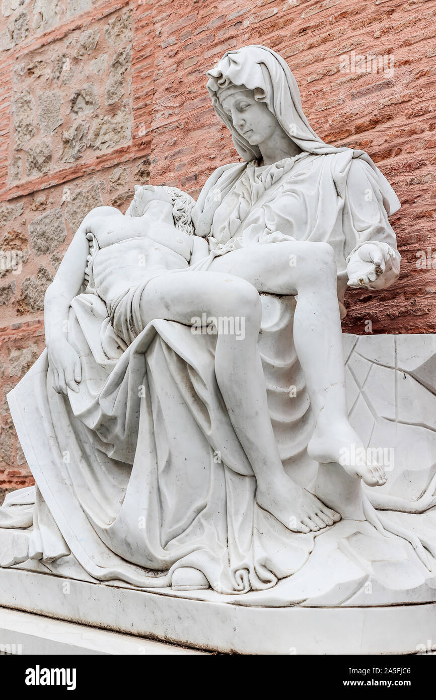 side view of a replica of Miguel Angel´s famous sculpture the Pieta at ...