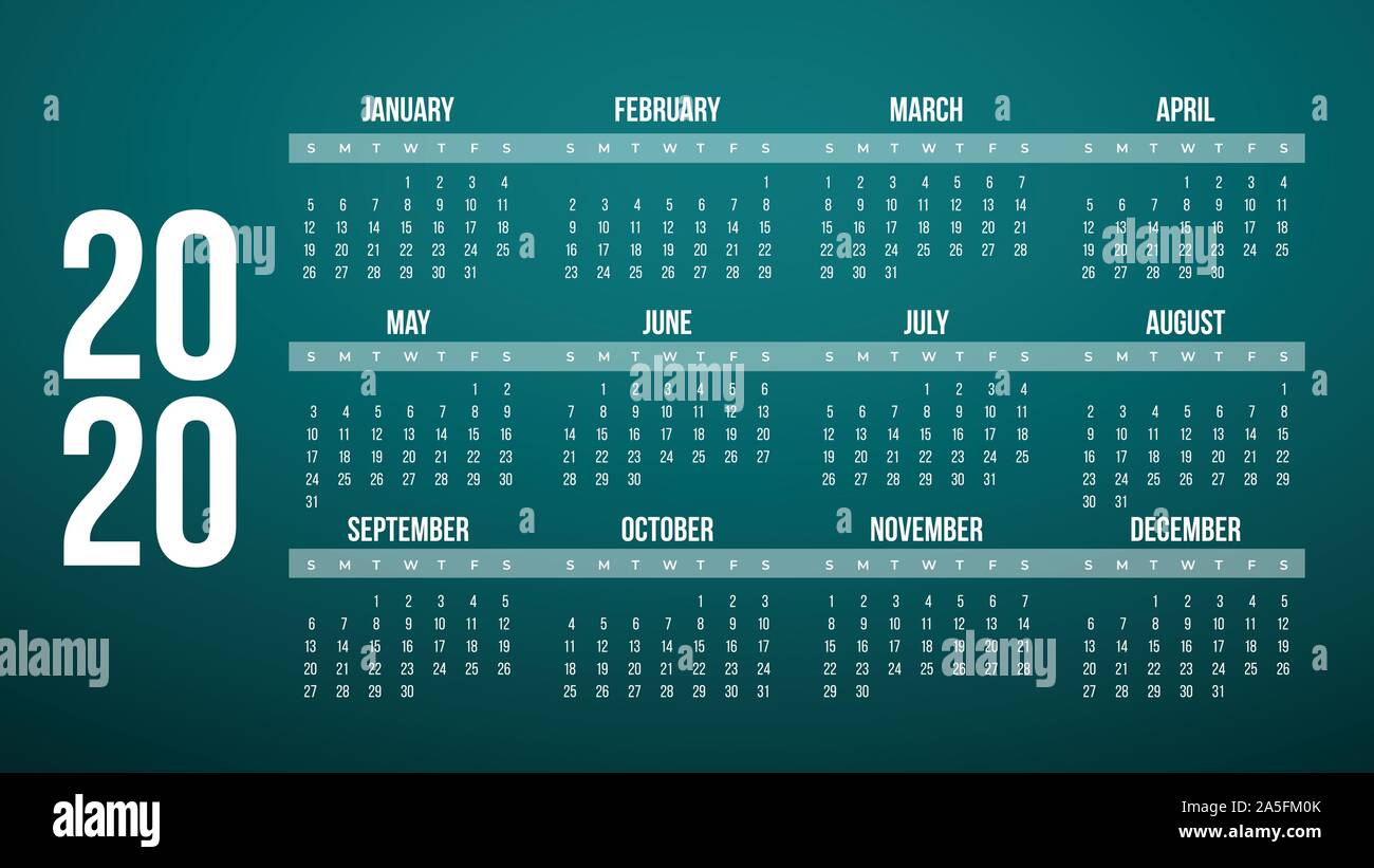 Year 2020 Calendar or planner grid . Green Blue background. Vector ...
