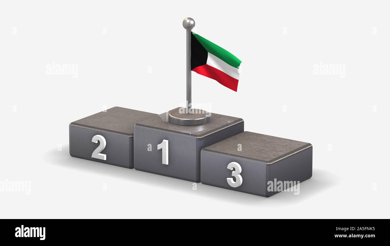 Kuwait 3D waving flag illustration on winner podium with three rank ...