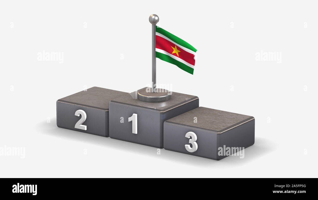 Suriname 3D waving flag illustration on winner podium with three rank ...