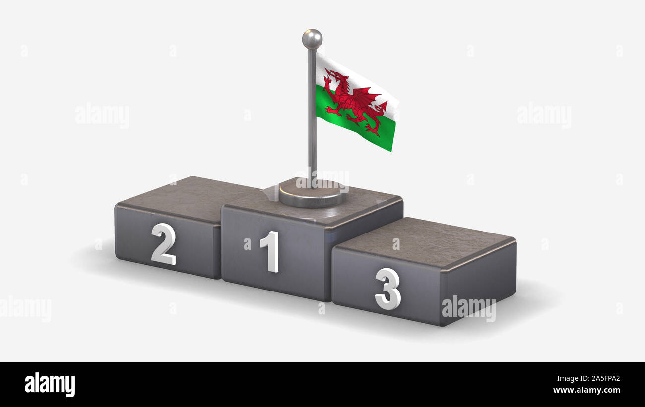 Wales 3D waving flag illustration on winner podium with three rank ...