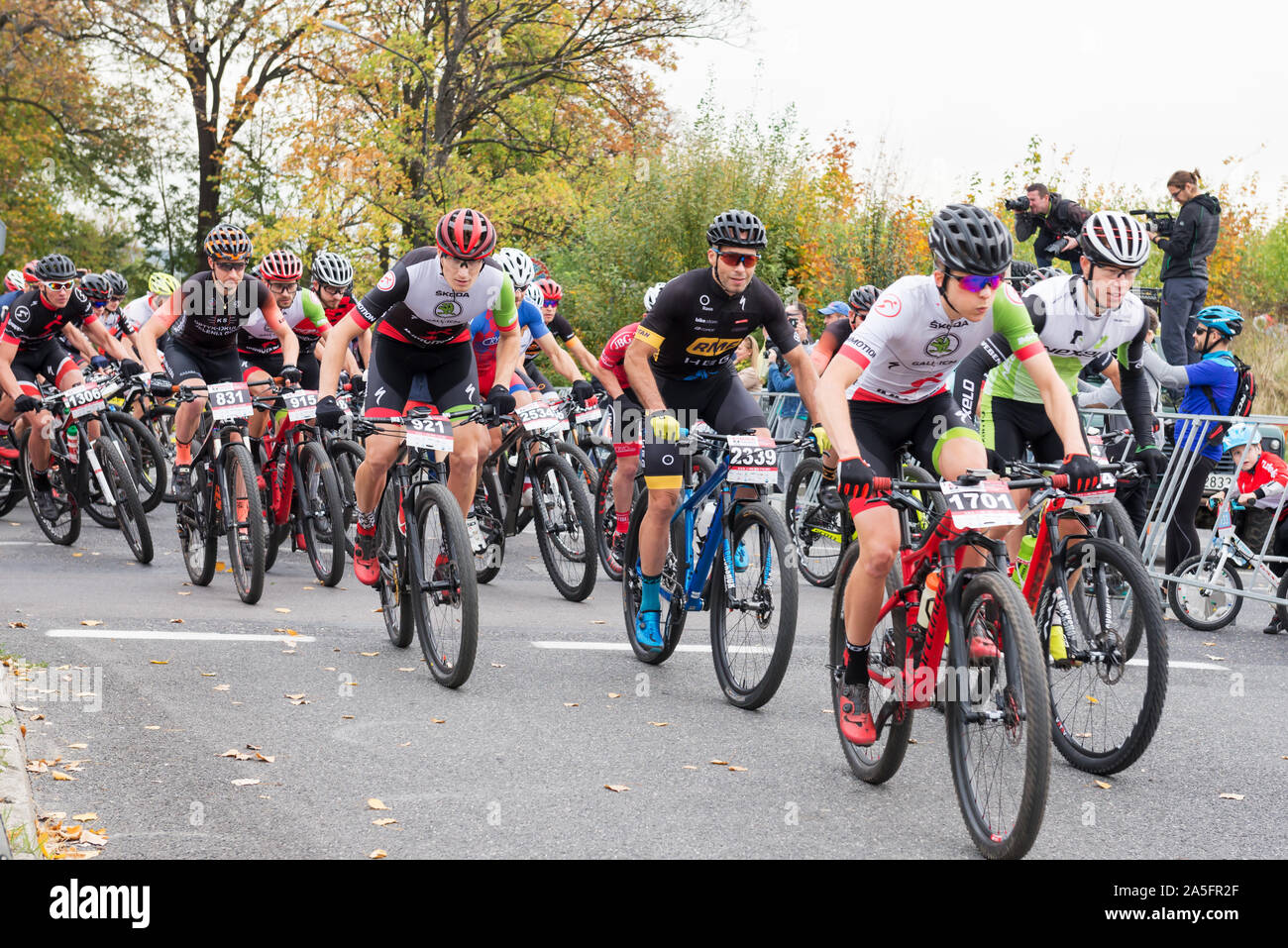 Poland, Sobotka - october 19th 2019: Athletes on bicycles began a bike ...
