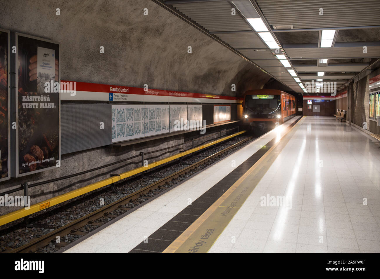 Helsinki, Finland, June 09 2019, Train is Arriving in a metro station ...