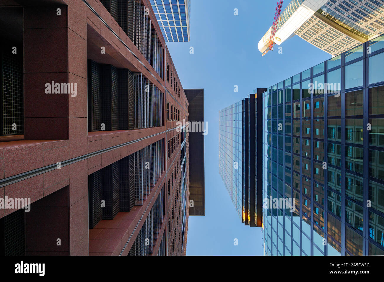 Low angle view of between modern skyscrapers, High rise building in ...