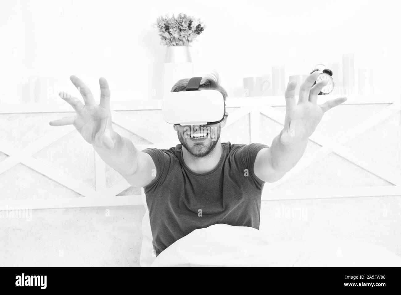 Using computer technology to create a simulated environment. Happy guy ...