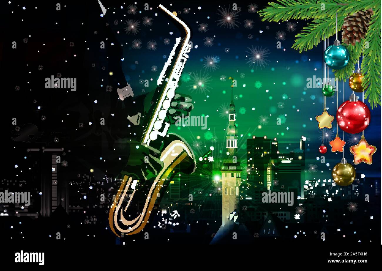 Christmas green music illustration with saxophone player on cityscape ...