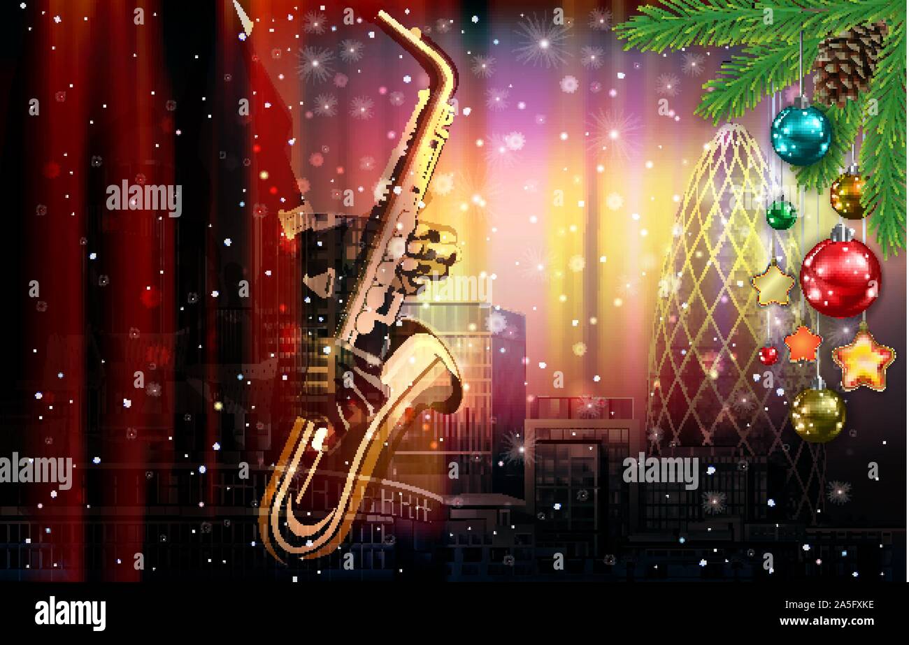 Christmas red music illustration with saxophone player on cityscape of ...