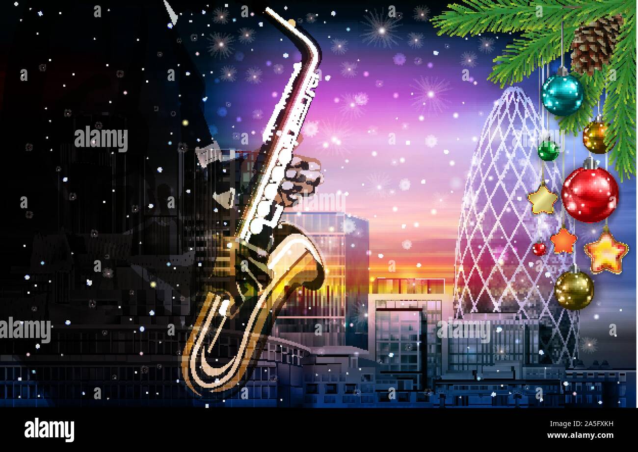 Christmas pink music illustration with saxophone player on cityscape of ...