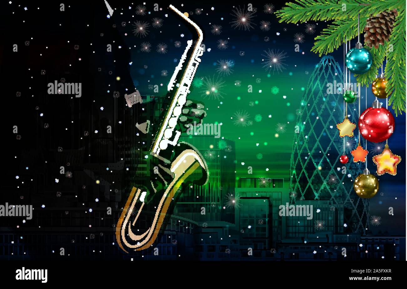 Christmas green music illustration with saxophone player on cityscape ...