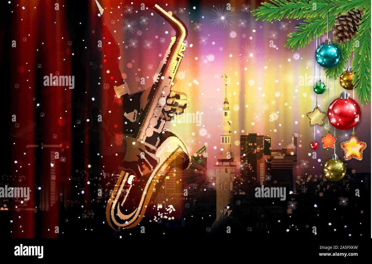 Christmas red music illustration with saxophone player on cityscape of ...