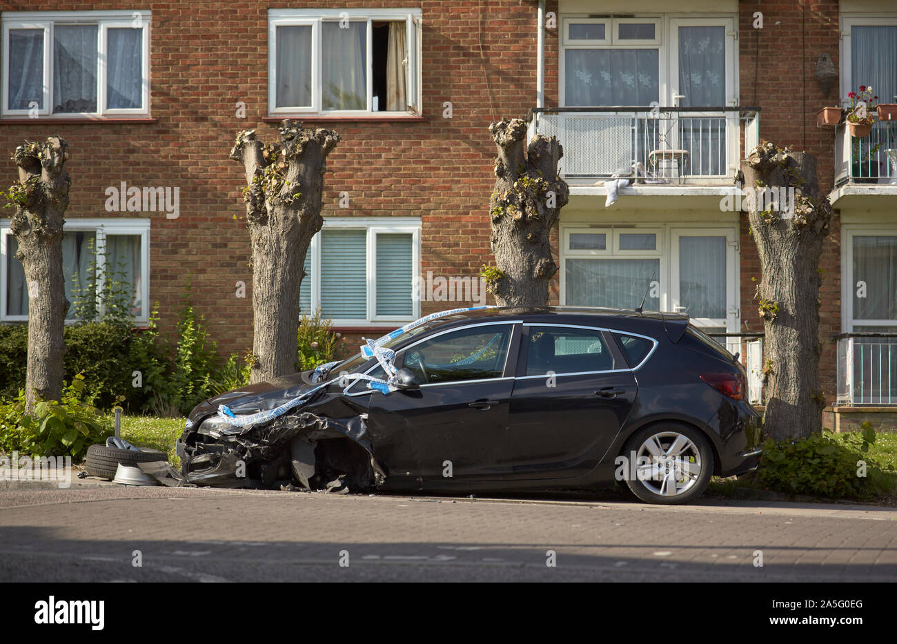 Heavy damaged car after colliding at high speed with another car in ...