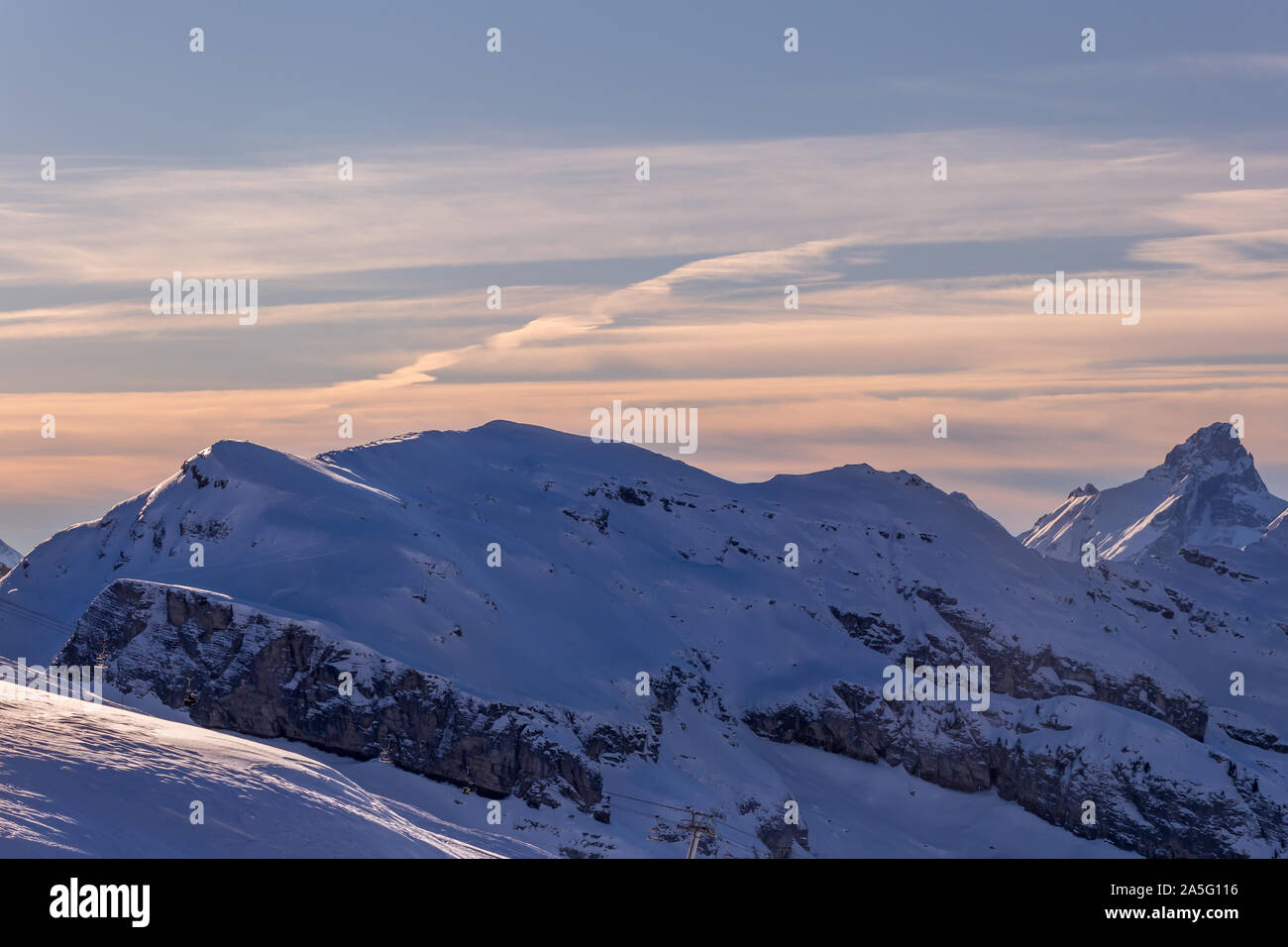 Snowy winter French Alps, ski resort Flaine, Grand Massif area within ...