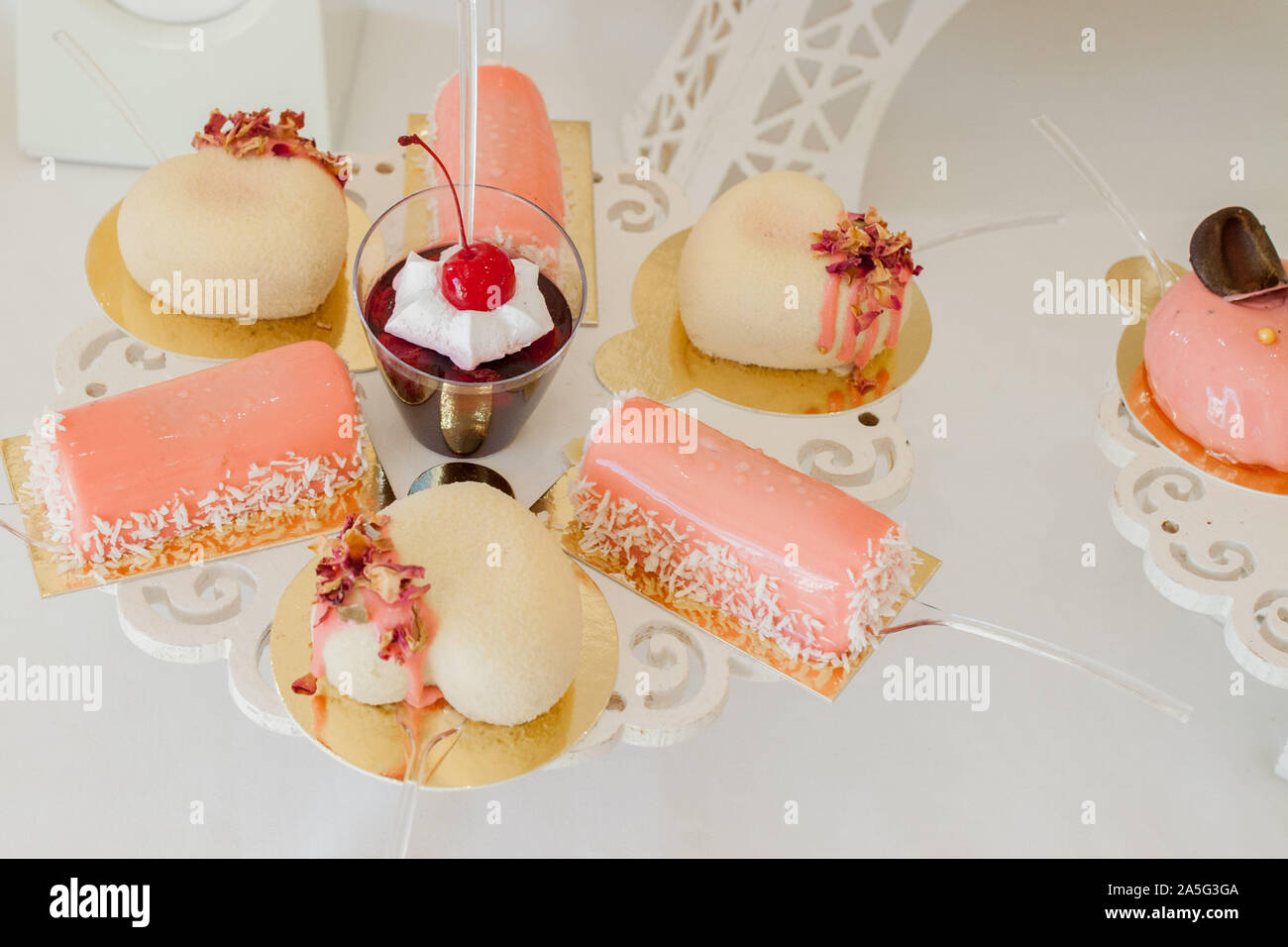 Desserts with fruits, mousse, biscuits. Different types of sweet ...