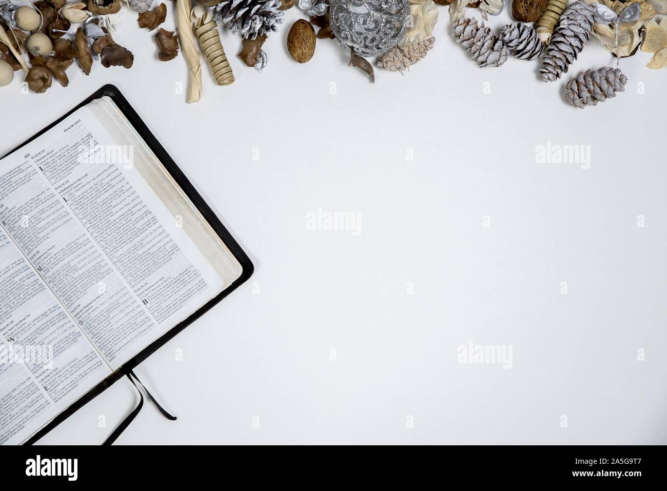 Overhead shot of an opened bible on a white surface with pine cones and ...