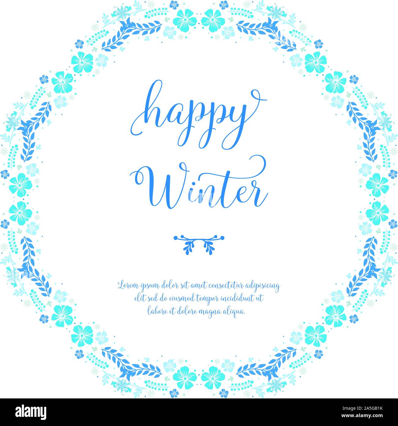 Calligraphy poster happy winter, with design plant of blue flower frame ...