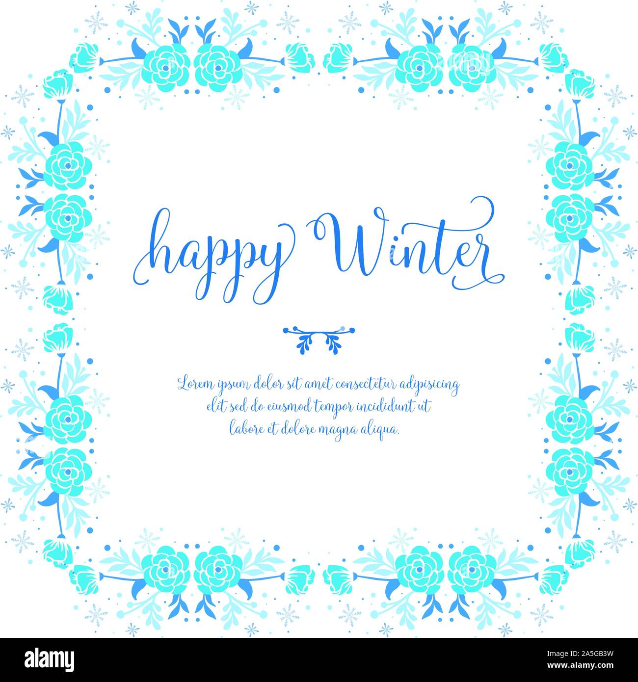 Calligraphy poster happy winter, with design plant of blue flower frame ...