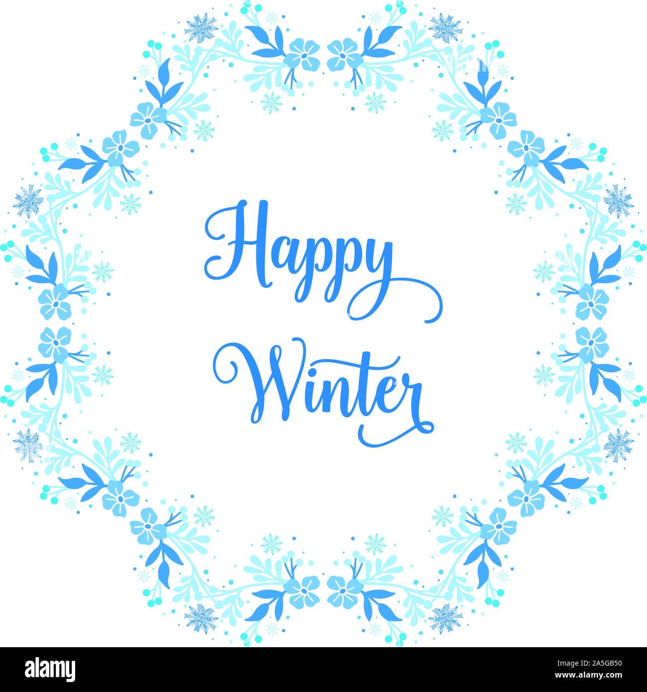 Calligraphy poster happy winter, with design plant of blue flower frame ...