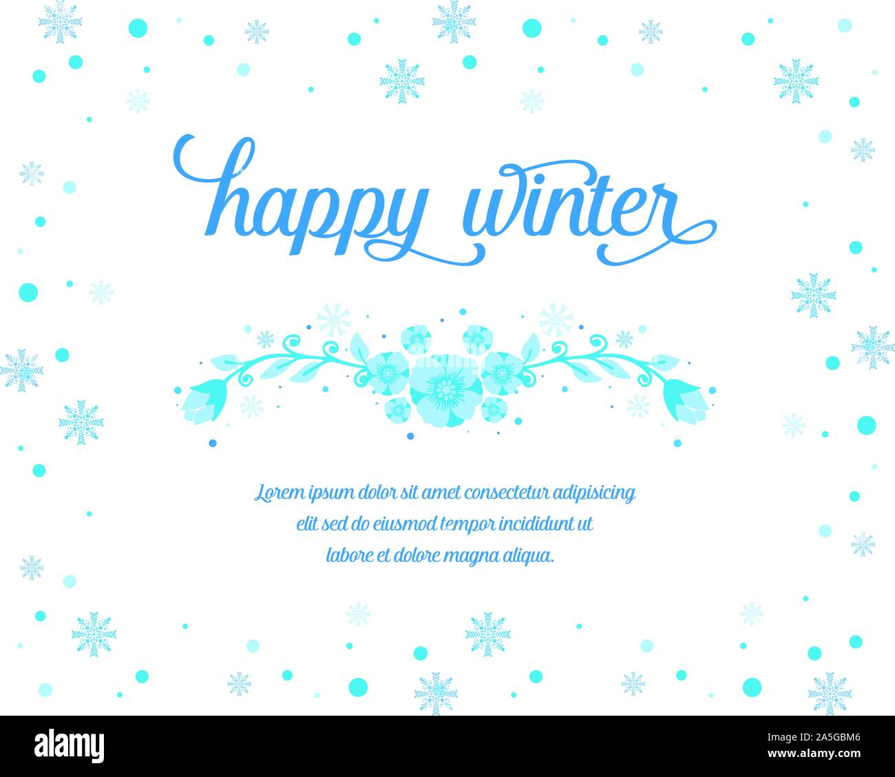 Lettering poster of happy winter, with design blue leafy flower frame ...