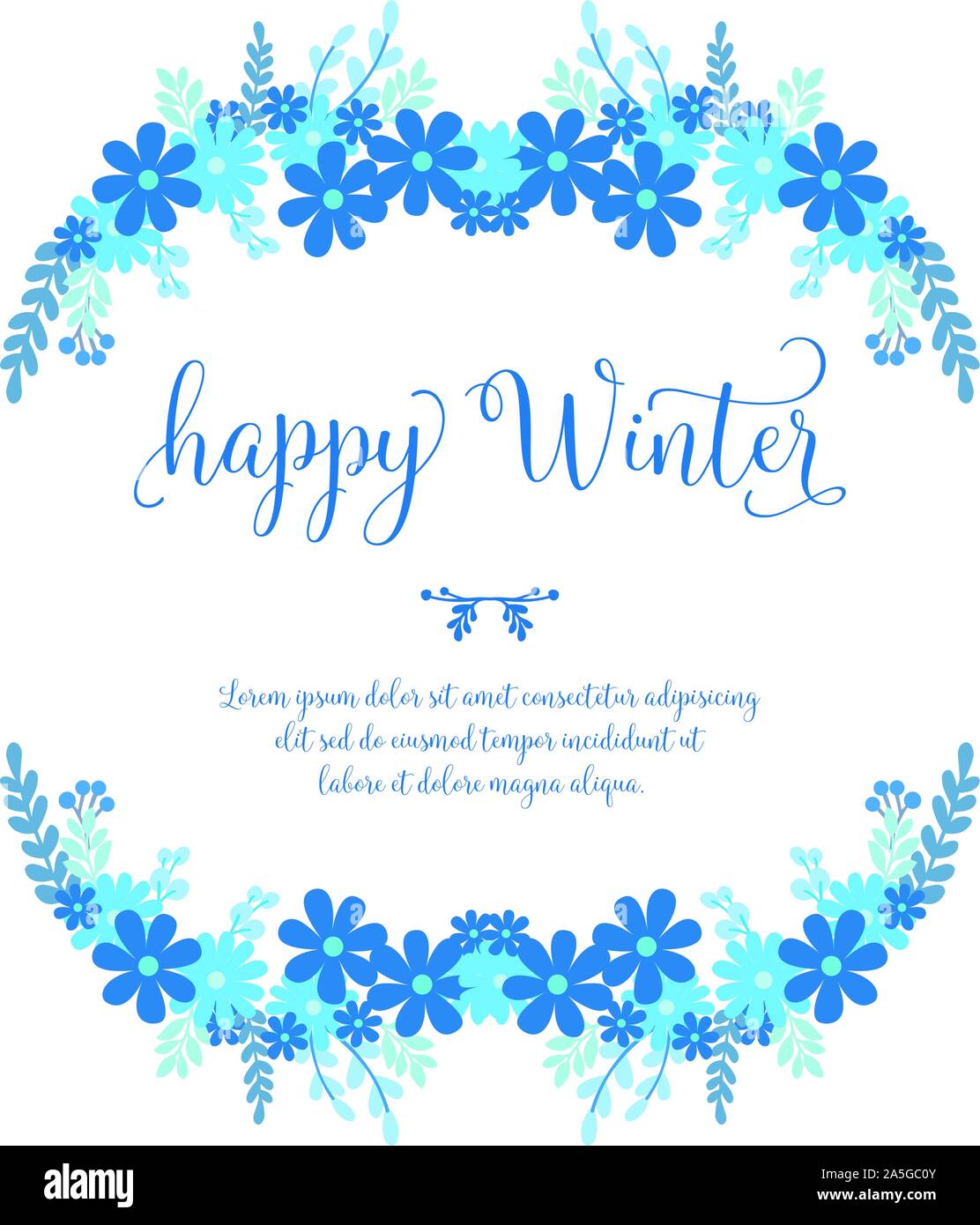 Design element of card happy winter, with modern bright blue leaf ...