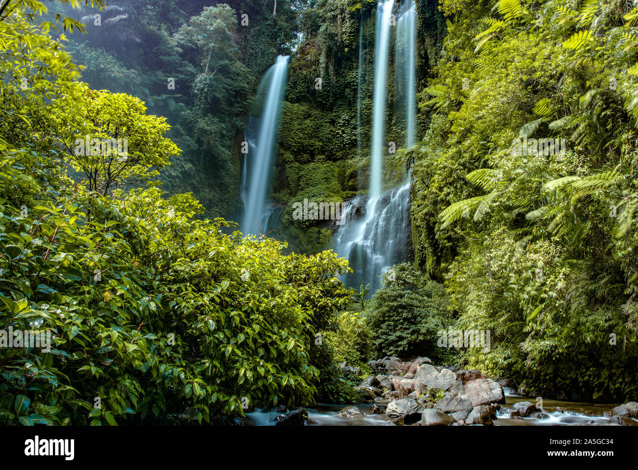 Stunning tropical waterfall in the lush rain forest and jungle in Bali ...