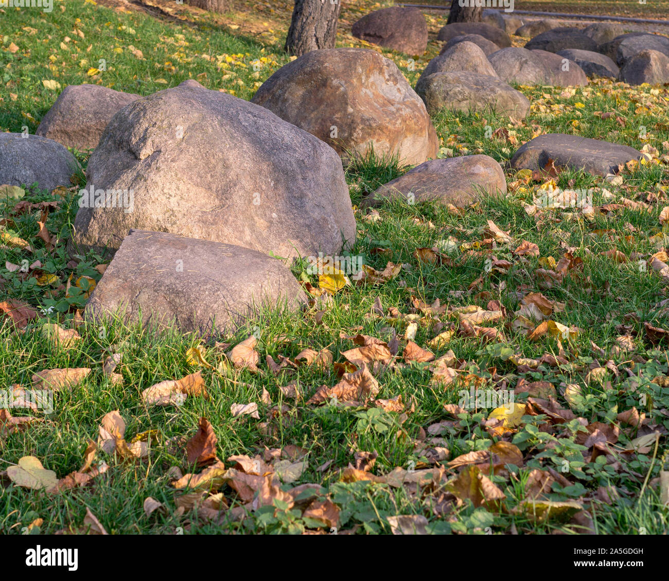 large stones and boulders with fallen leaves around in city part during ...