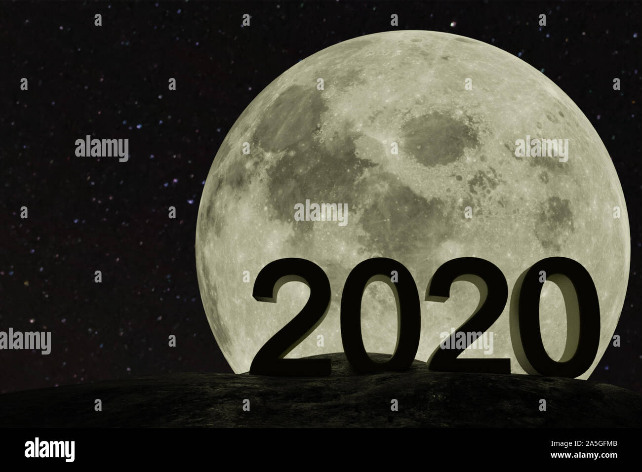 2020 concept, the happy new year coming in 2020 in front of the moon ...