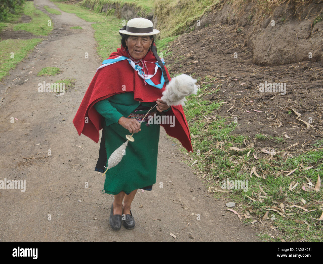 Indigenous highlander spinning wool, La Moya, Ecuador Stock Photo - Alamy