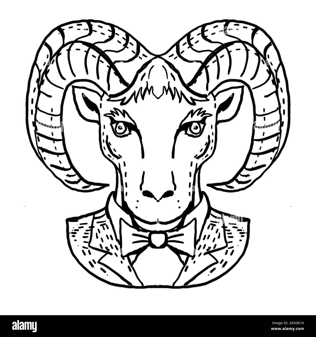 Retro cartoon style portrait drawing of head of a Ram or Mountain Goat ...