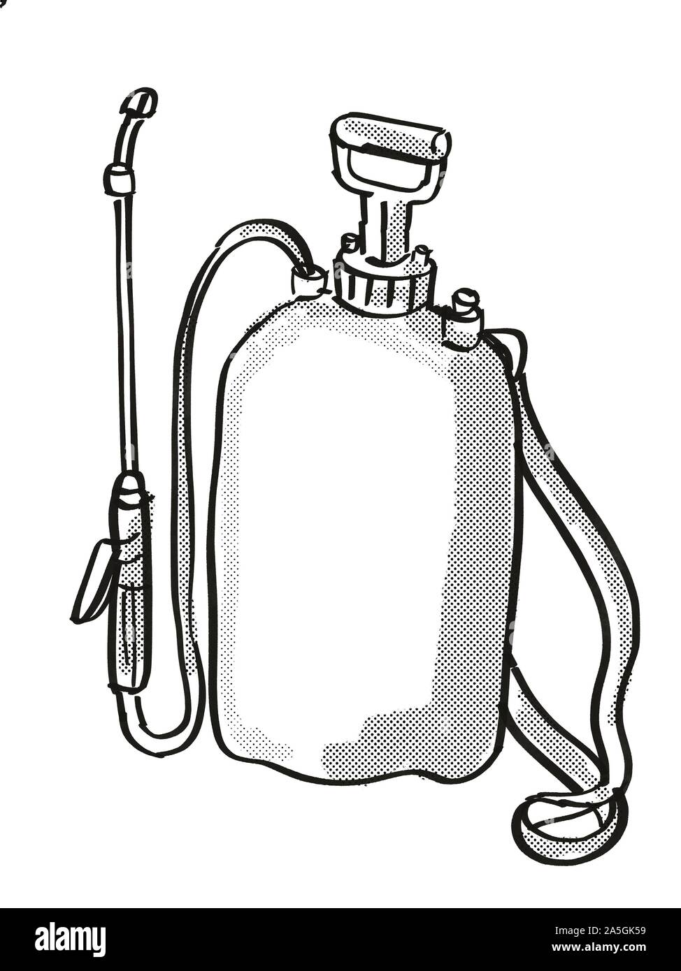 Retro cartoon style drawing of a Garden Pressure Sprayer, a garden tool ...