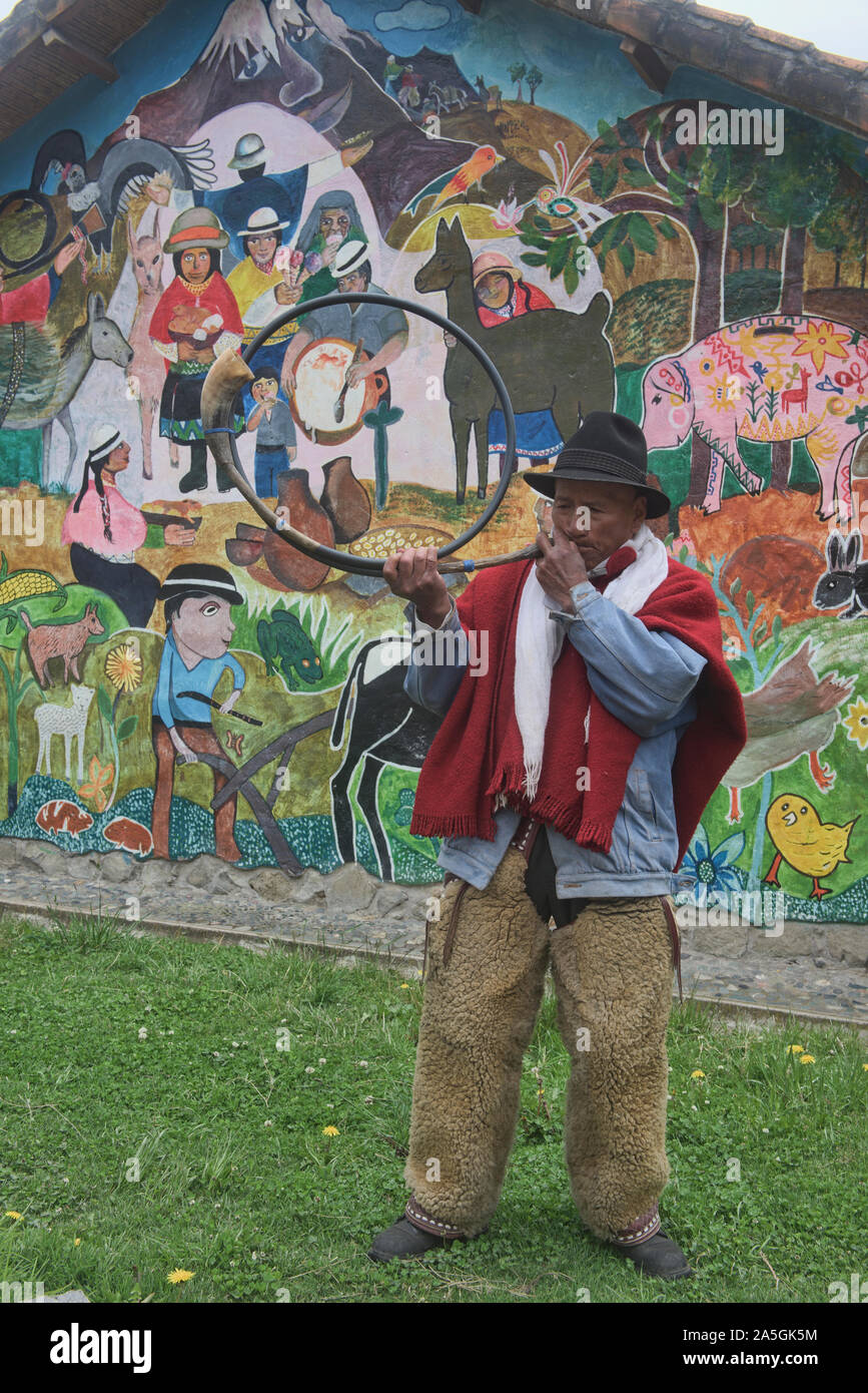 Indigenous highlander playing a cow horn trumpet, La Moya, Ecuador ...