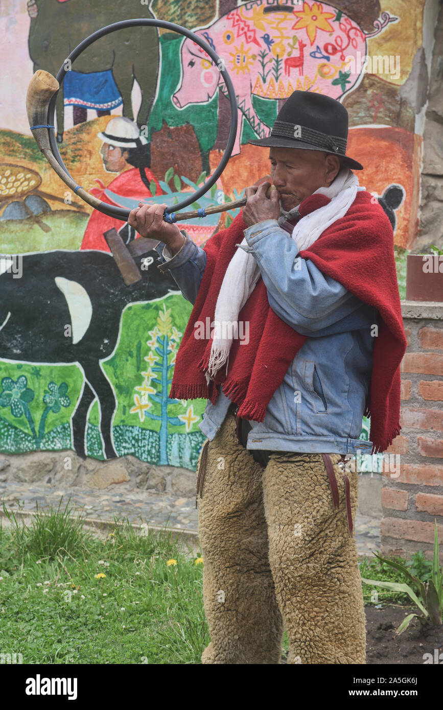 Indigenous highlander playing a cow horn trumpet, La Moya, Ecuador ...