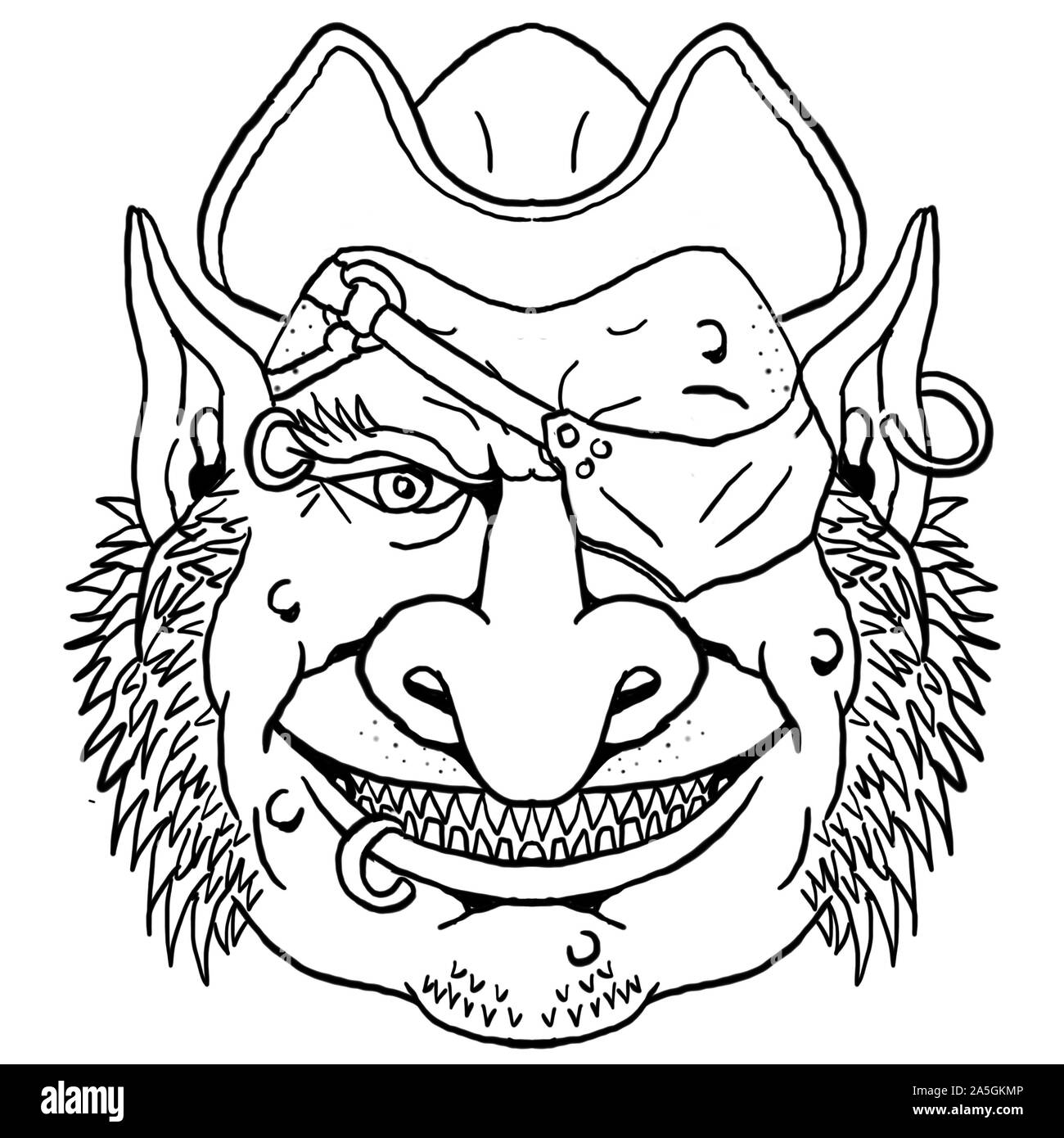 Retro cartoon style portrait drawing of a Pirate Goblin with eye patch ...